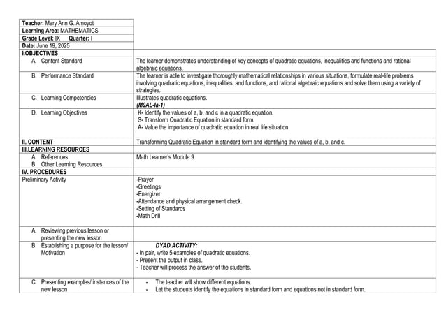 lesson plan in math 9 quadratic equation | DOCX