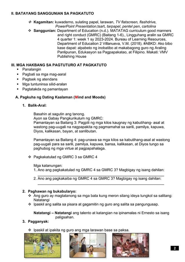 GMRC 4LESSON PLAN MATATAG CURRICULUM SY 2024-2025 | DOCX