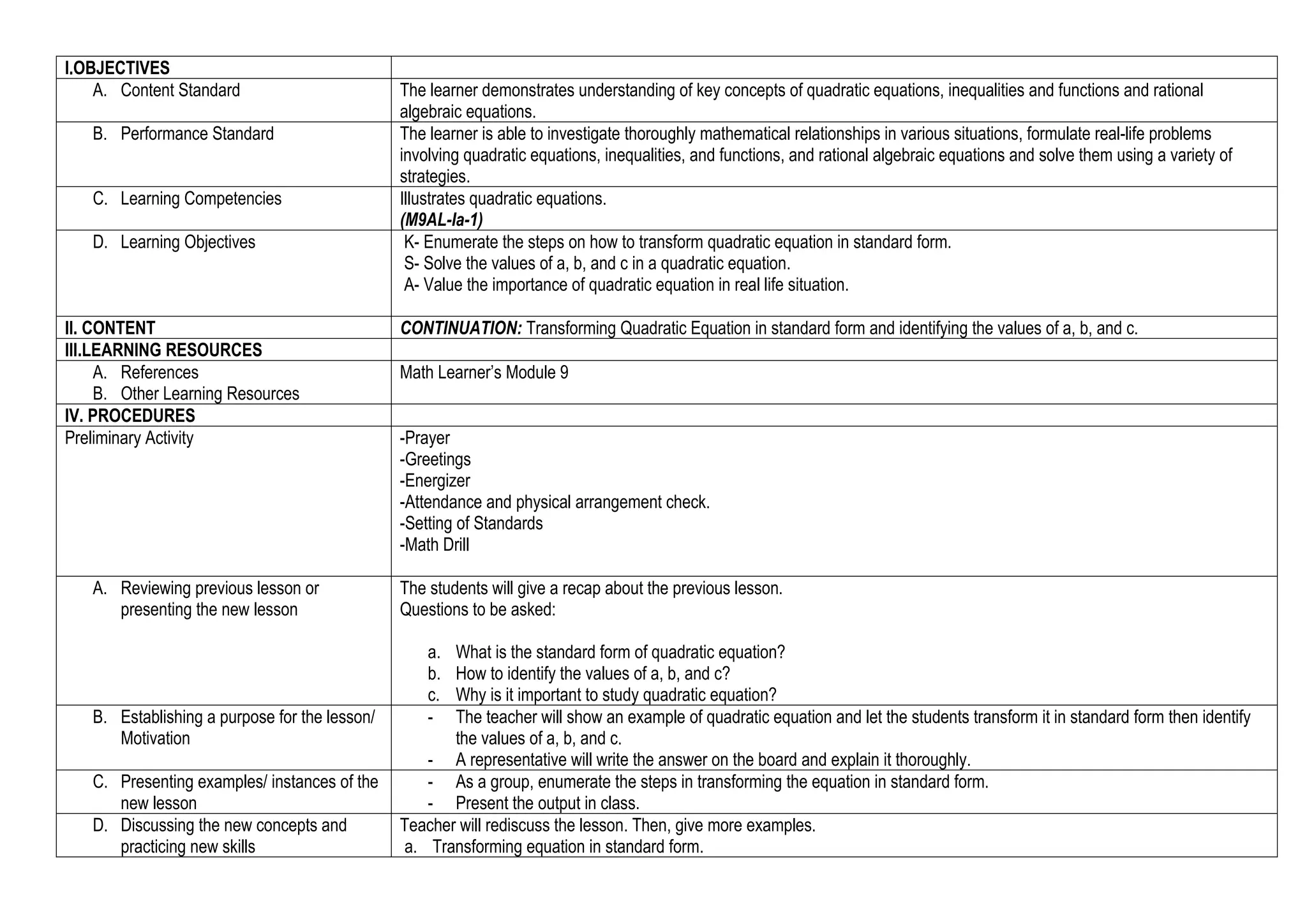 detailed lesson plan in mathematics 9 first | DOCX