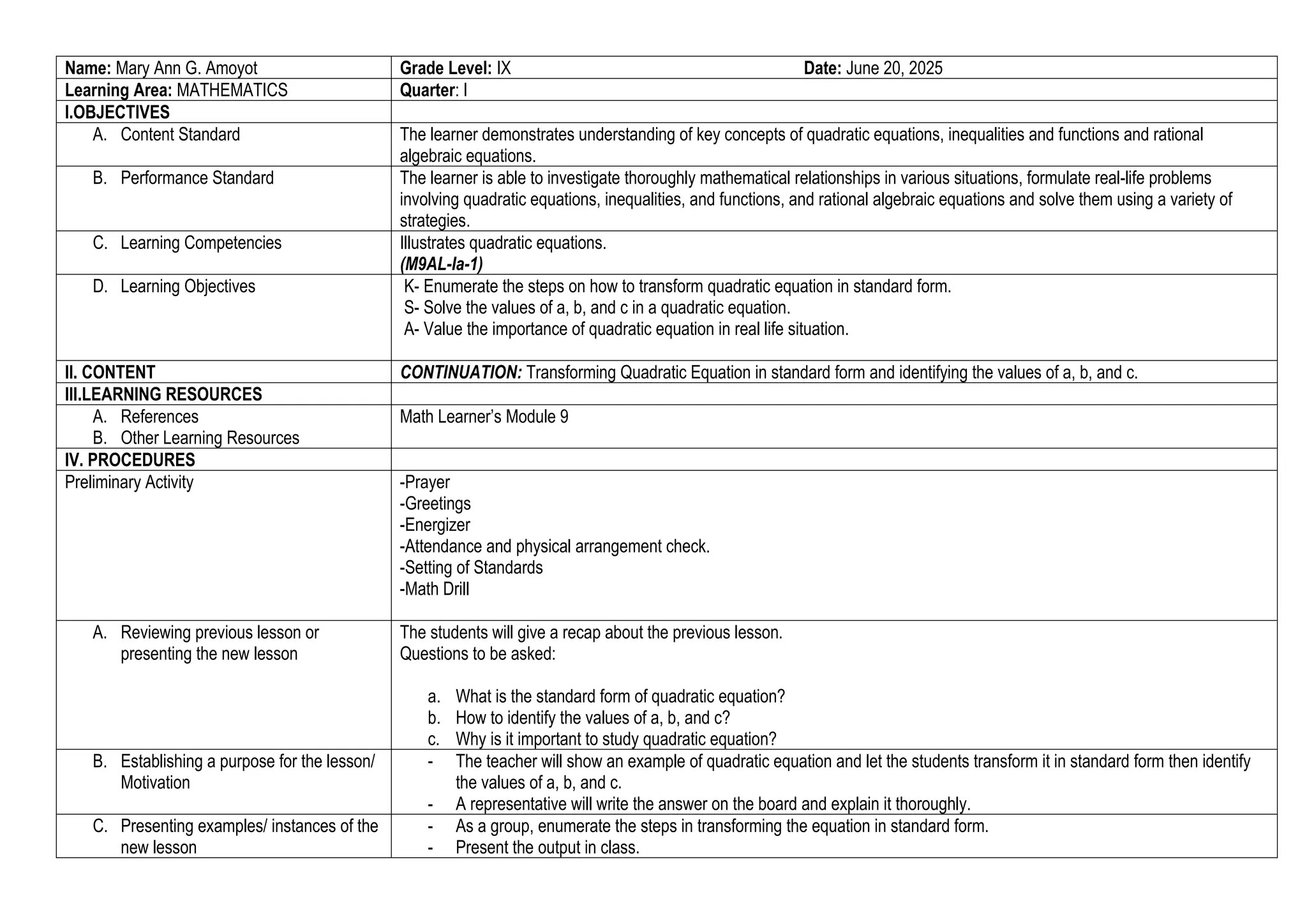lesson plan in math 9 extracting the root | DOCX