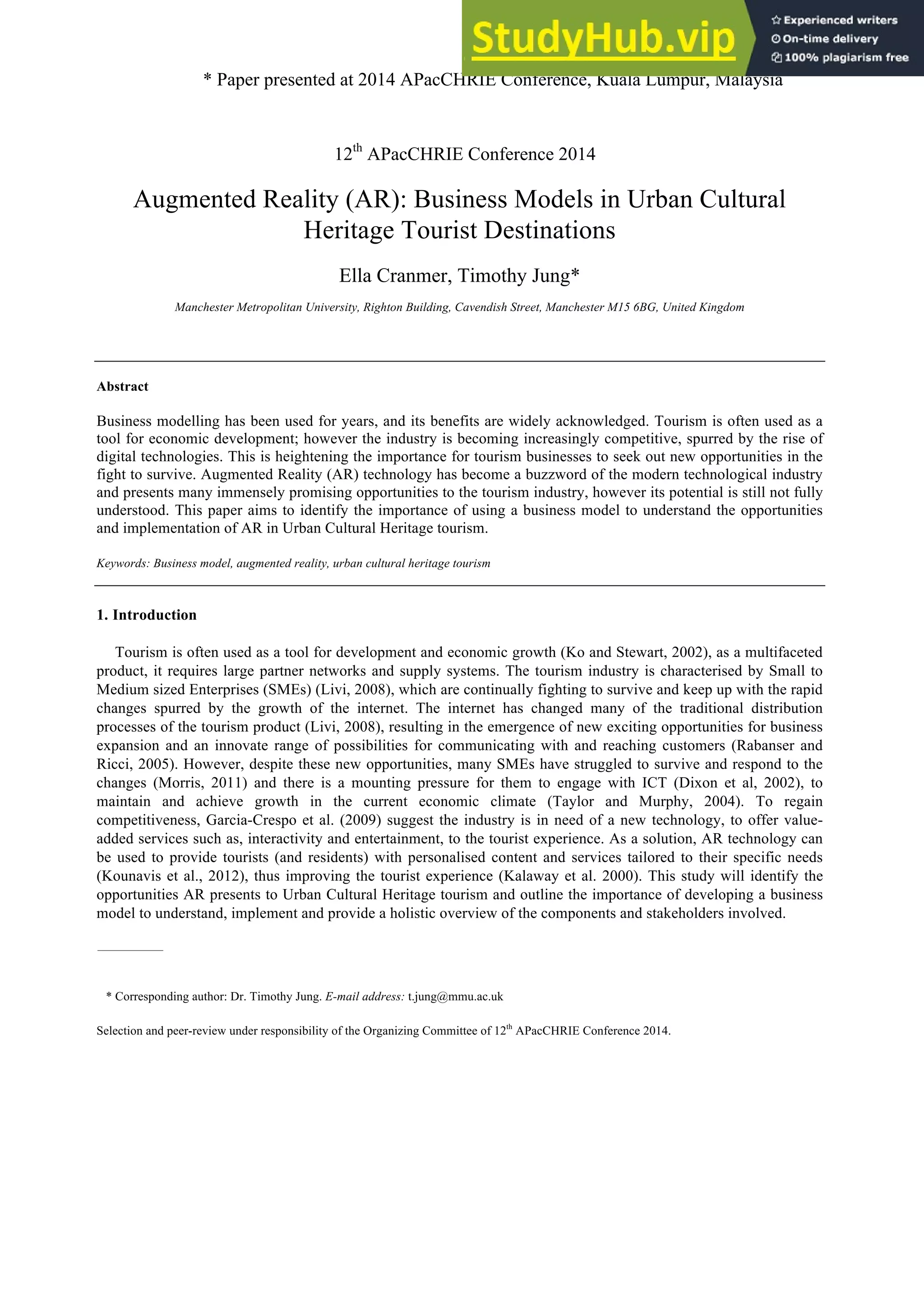 Augmented Reality (AR) Business Models In Urban Cultural Heritage ...