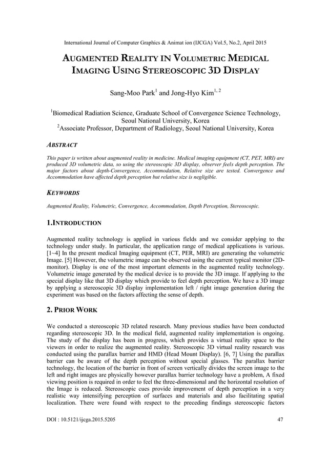 Augmented Reality in Volumetric Medical Imaging Using Stereoscopic 3D Display | PDF
