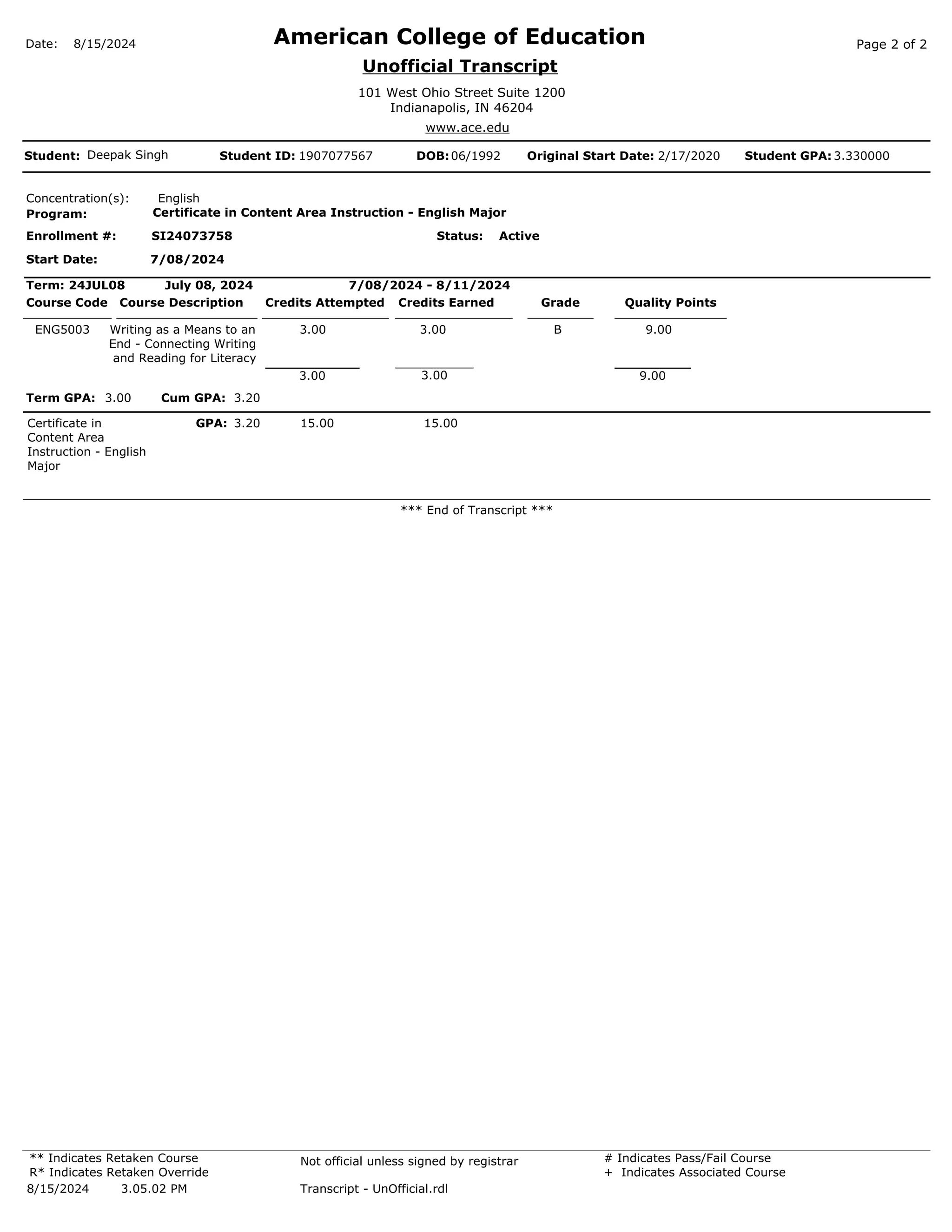 August 15, 2024 American College of Education Transcript of Deepak ...