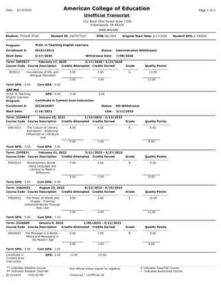 August 15, 2024 American College of Education Transcript of Deepak ...