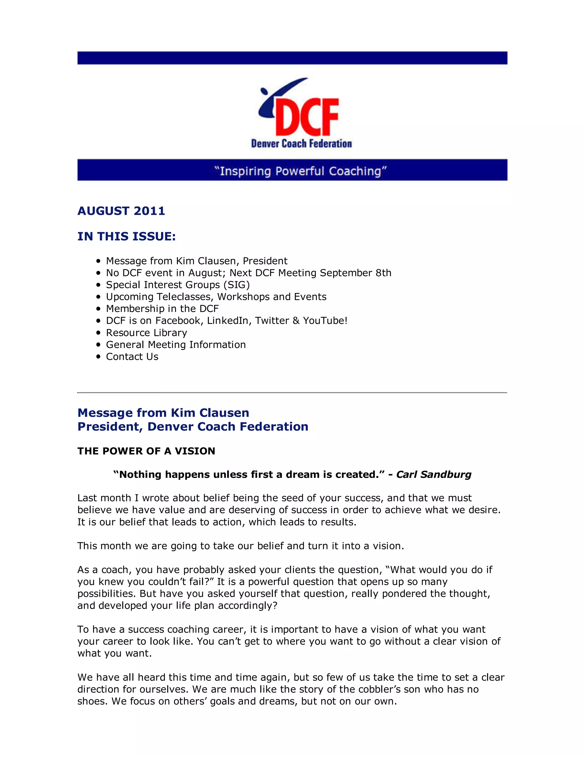 August 2011 Denver Coach Federation Newsletter | PDF