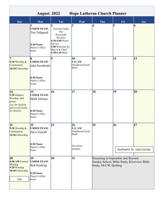 August 2022 Calendar of Events | PDF