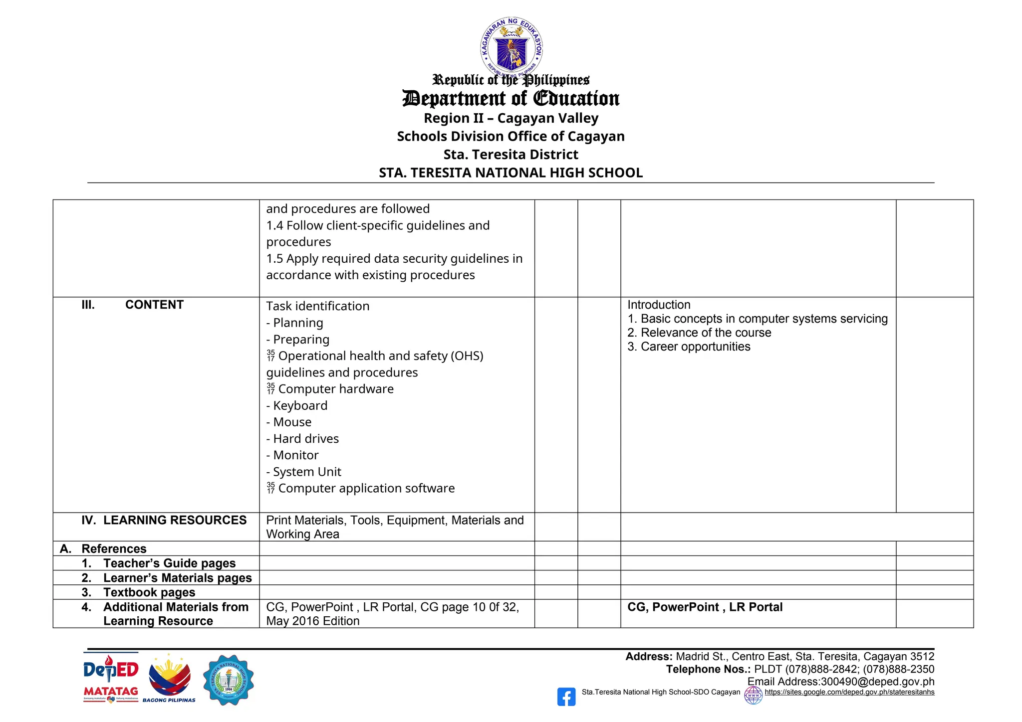 Computer System Servicing Lesson Plan for First Quarter | DOCX