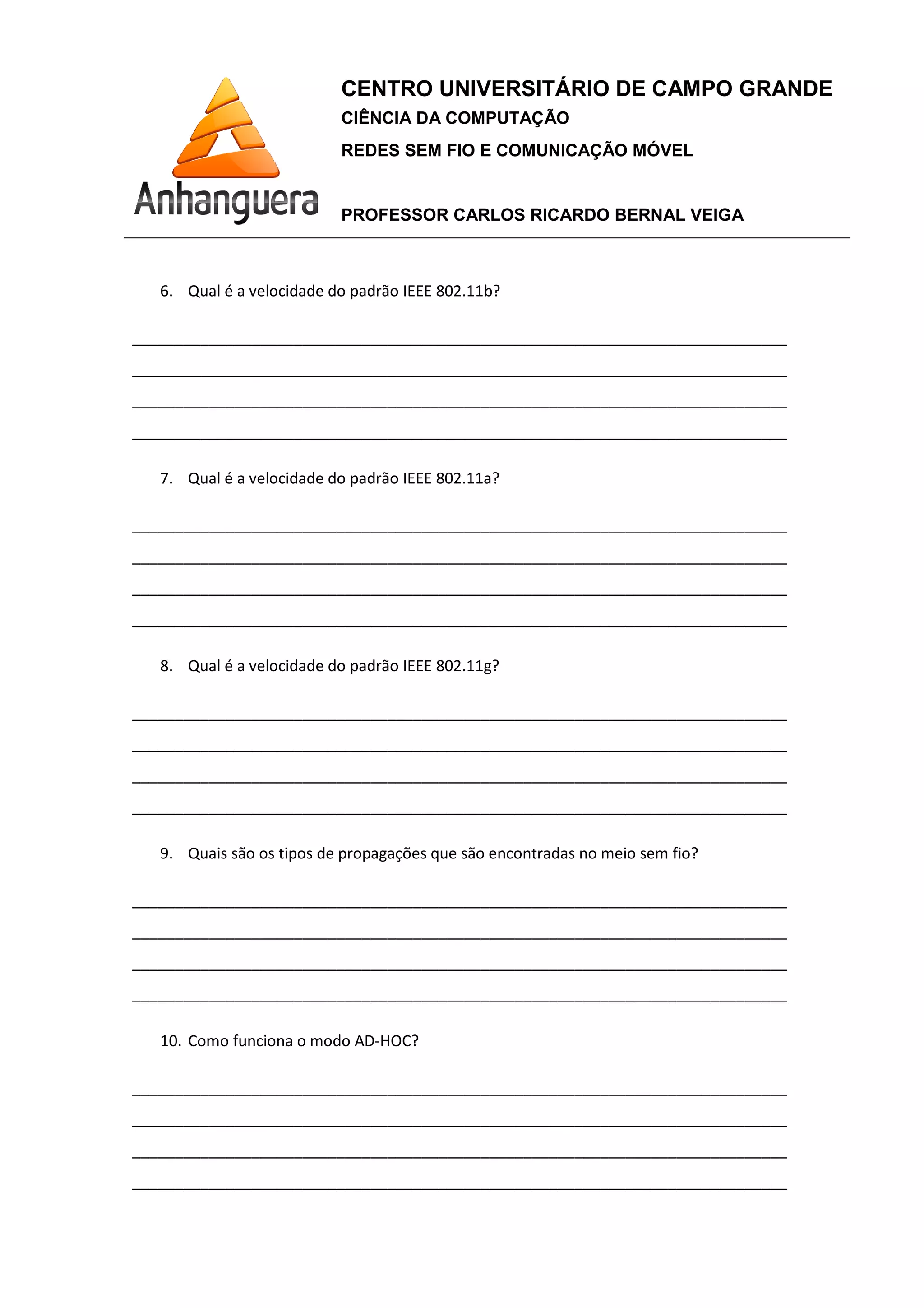 Aula06 - exercícios redes sem fio | PDF