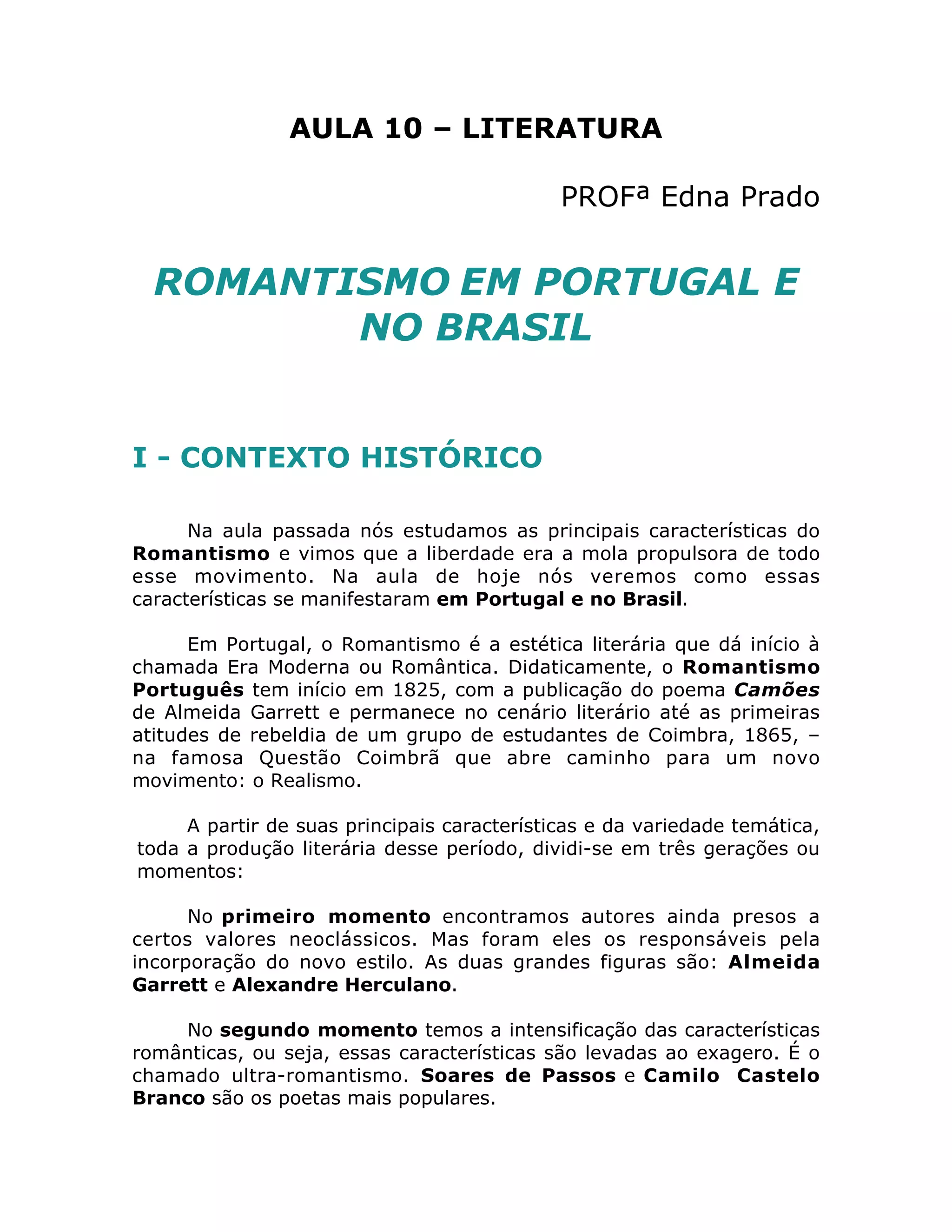 Aula 10 romantismo no brasil e em portugal | PDF