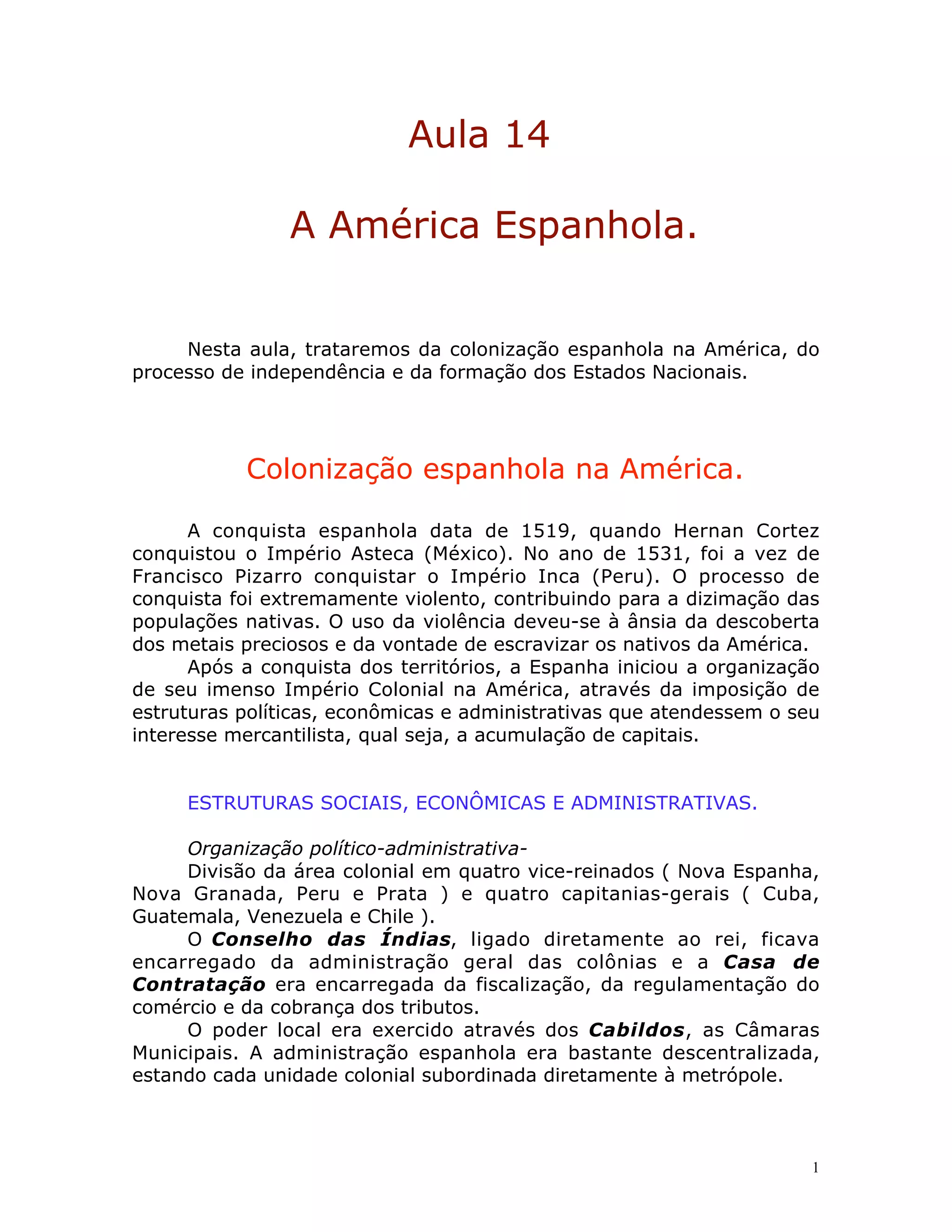 Aula 14 américa espanhola | PDF