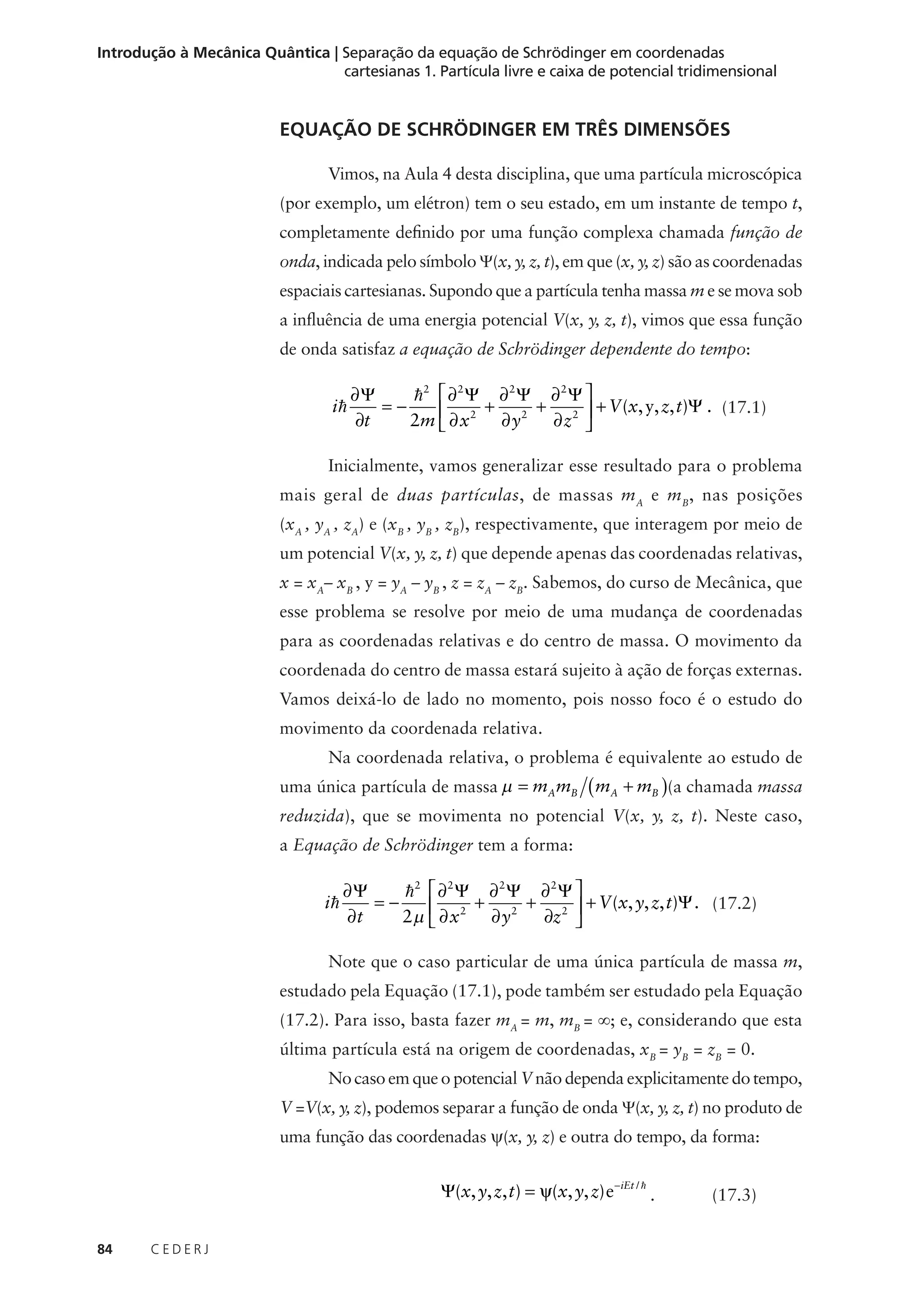 Aula 17: Separação da equação de Schrödinger em coordenadas cartesianas ...
