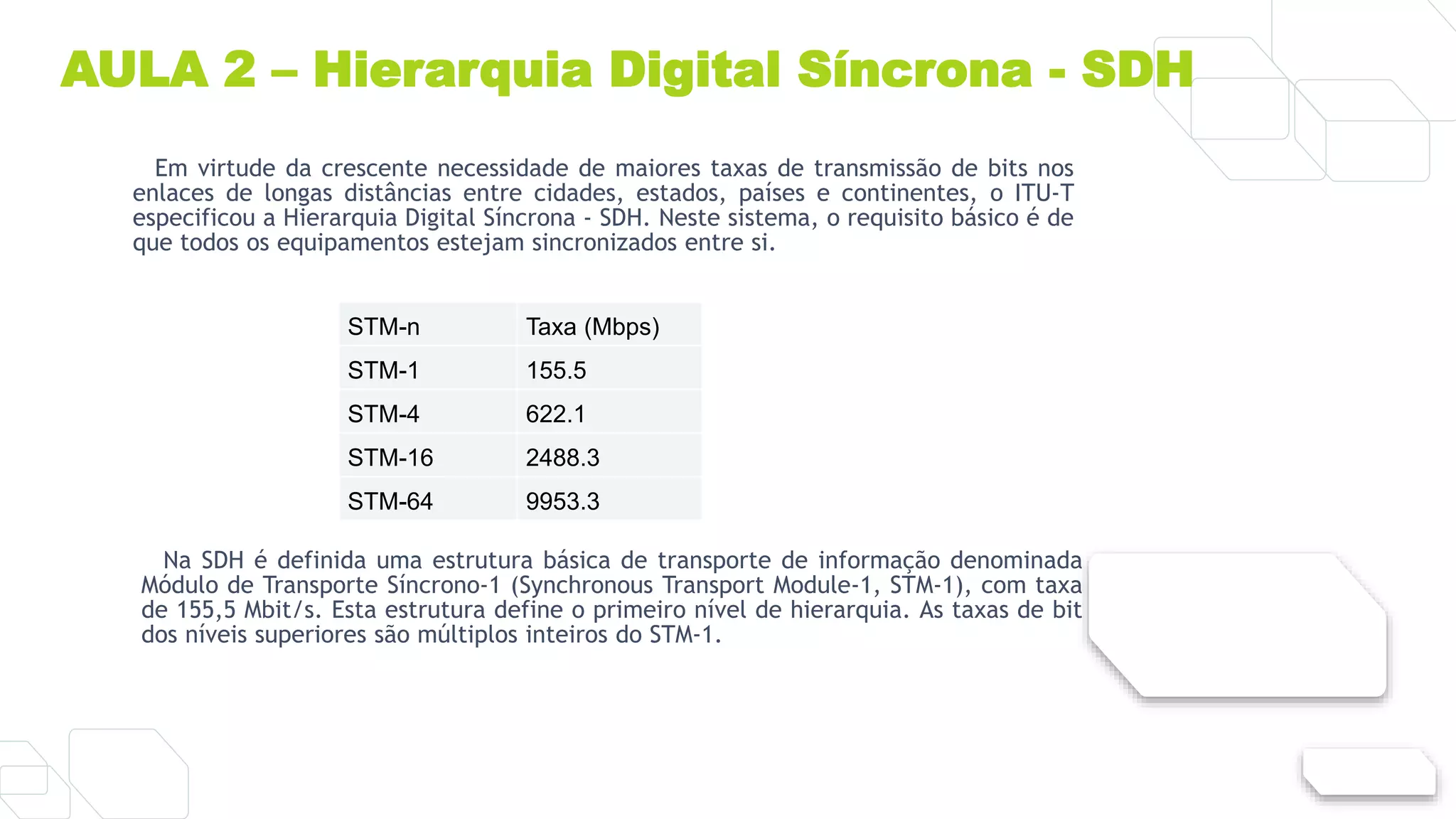 Aula 3 - Transmissão Digital: SDH - Hierarquia Digital Sincrona | PPTX