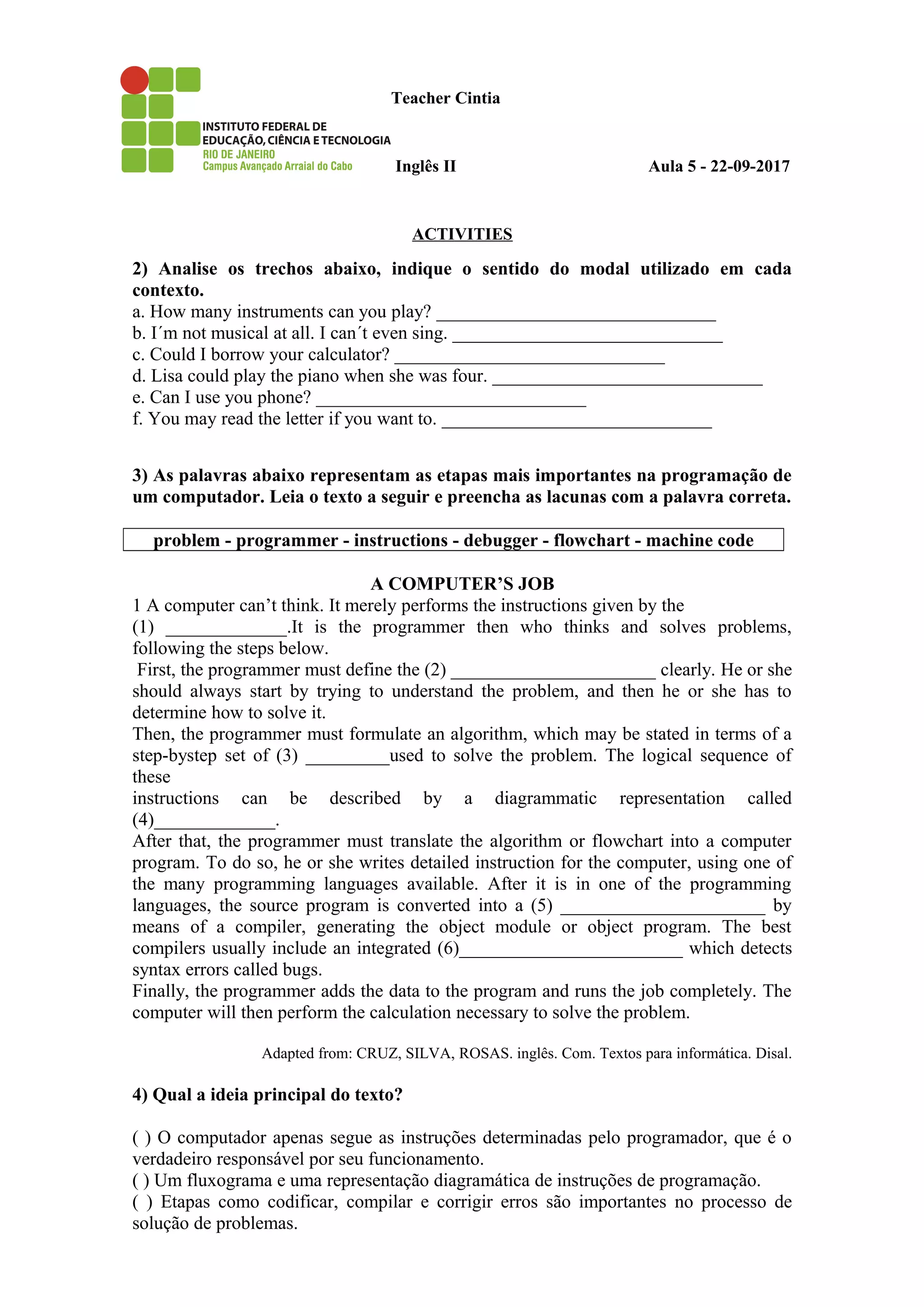 Activities Modal Verbs | DOC | Programming Languages | Computing