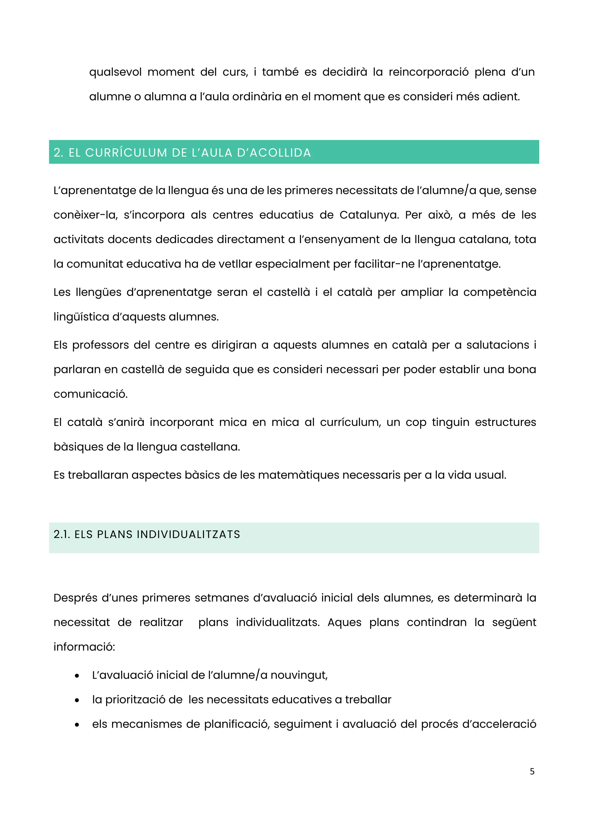 Projecte d'aula d'acollida | PDF