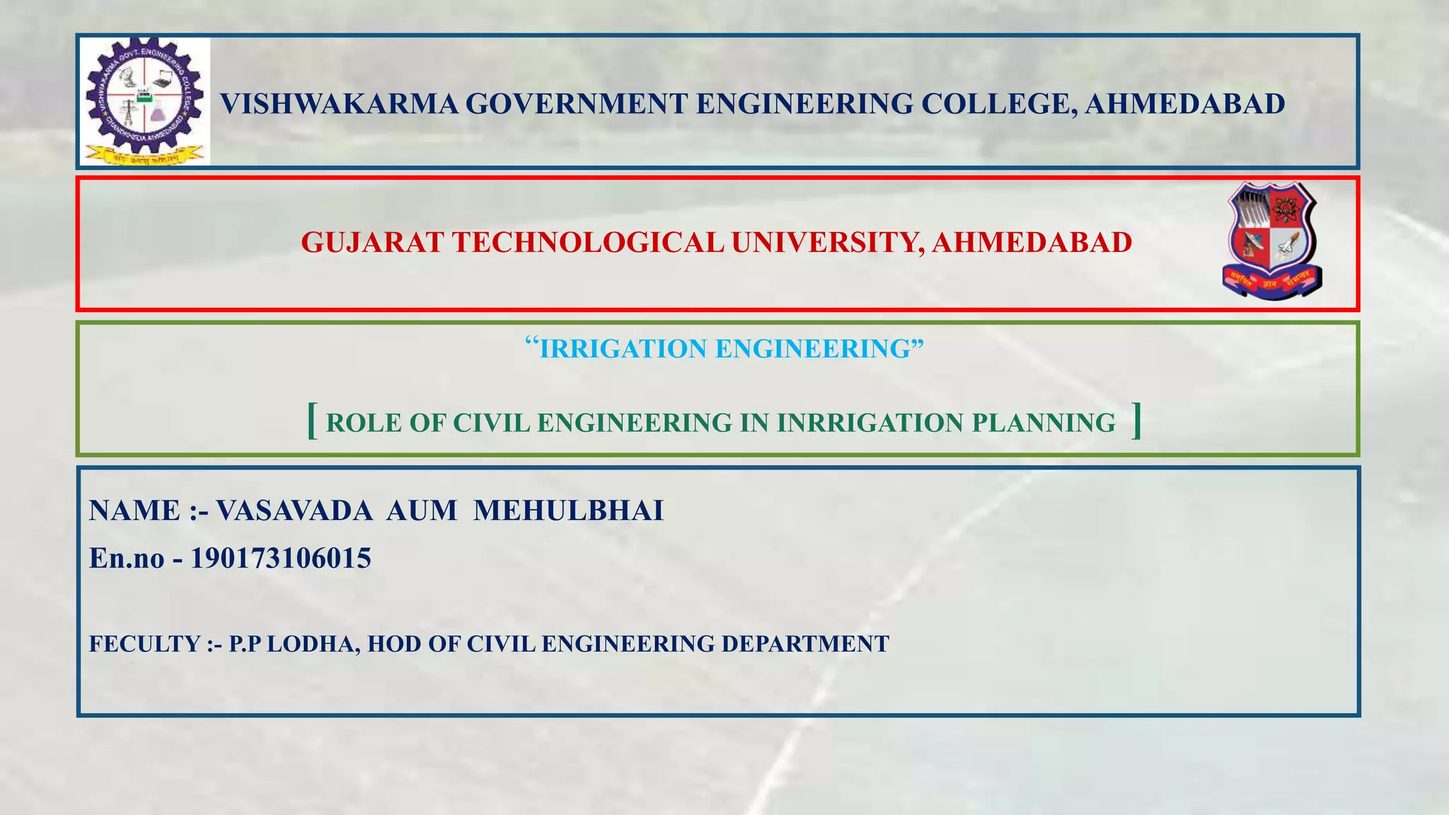 Role of civil engineering in irrigation planning | PPT