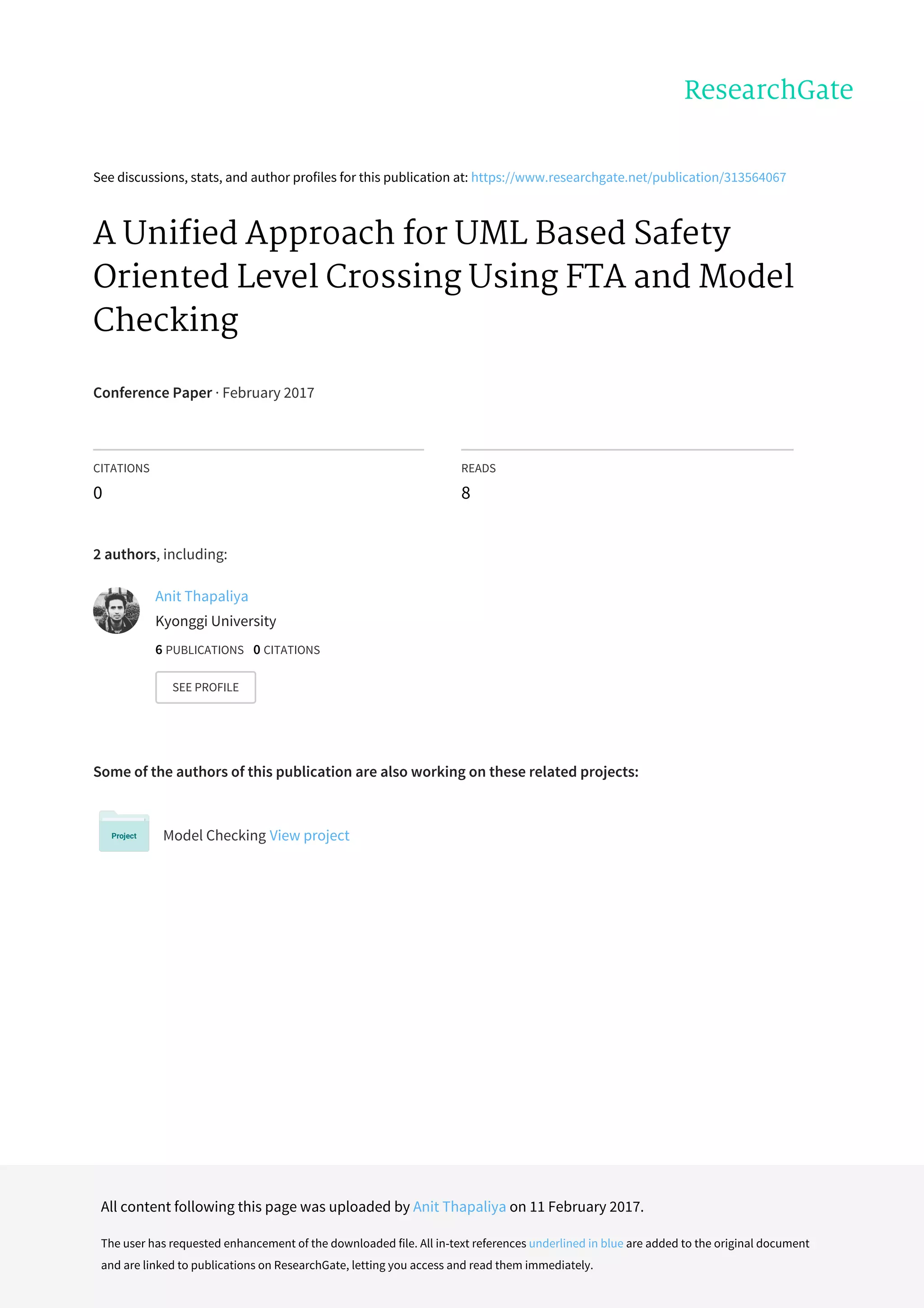 A unified approach for uml based safety oriented level crossing using fta and model checking | PDF