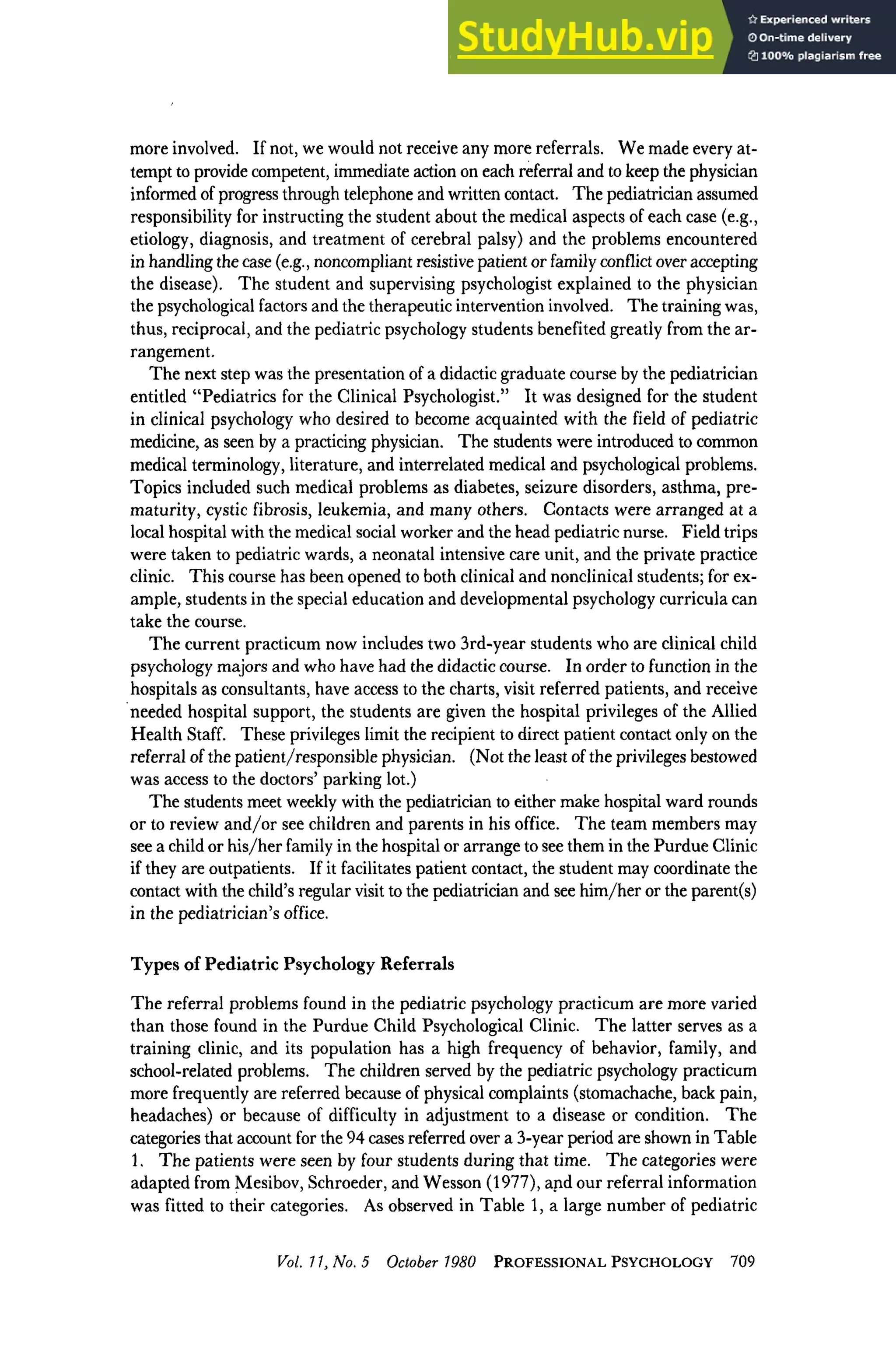 A University-Based Predoctoral Practicum In Pediatric Psychology | PDF