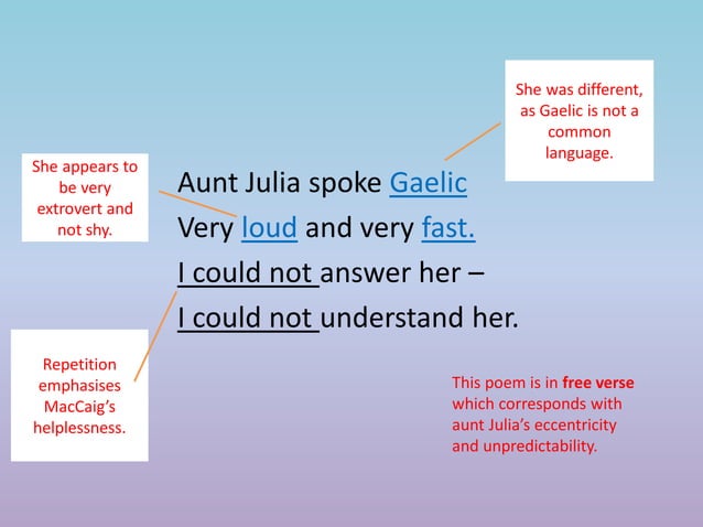 Notes on the Poem Aunt Julia by Norman McCaig | PPT