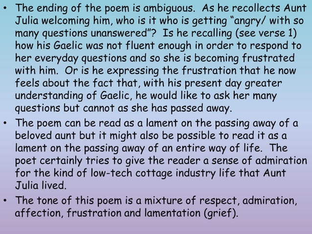Notes on the Poem Aunt Julia by Norman McCaig | PPT