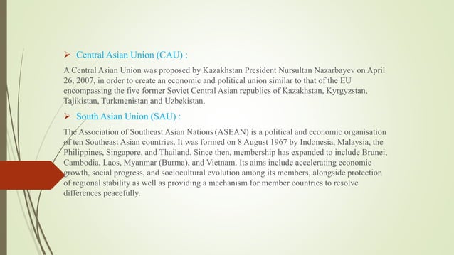 Presentation on AU, EU, APEC, NAFTA, AFTA, SAPTA, LAFTA, ASEAN | PPTX | Currencies | Economy