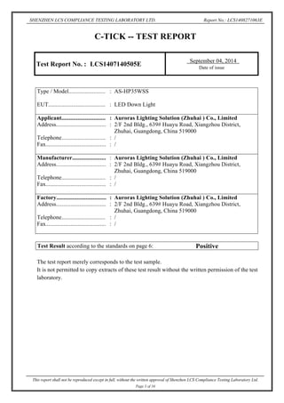 Auroras Lighting C-tick report sept2014 for down light IP65 | PDF