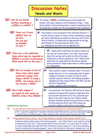 Australian Life Skills - Needs & Wants Level 3 | PDF