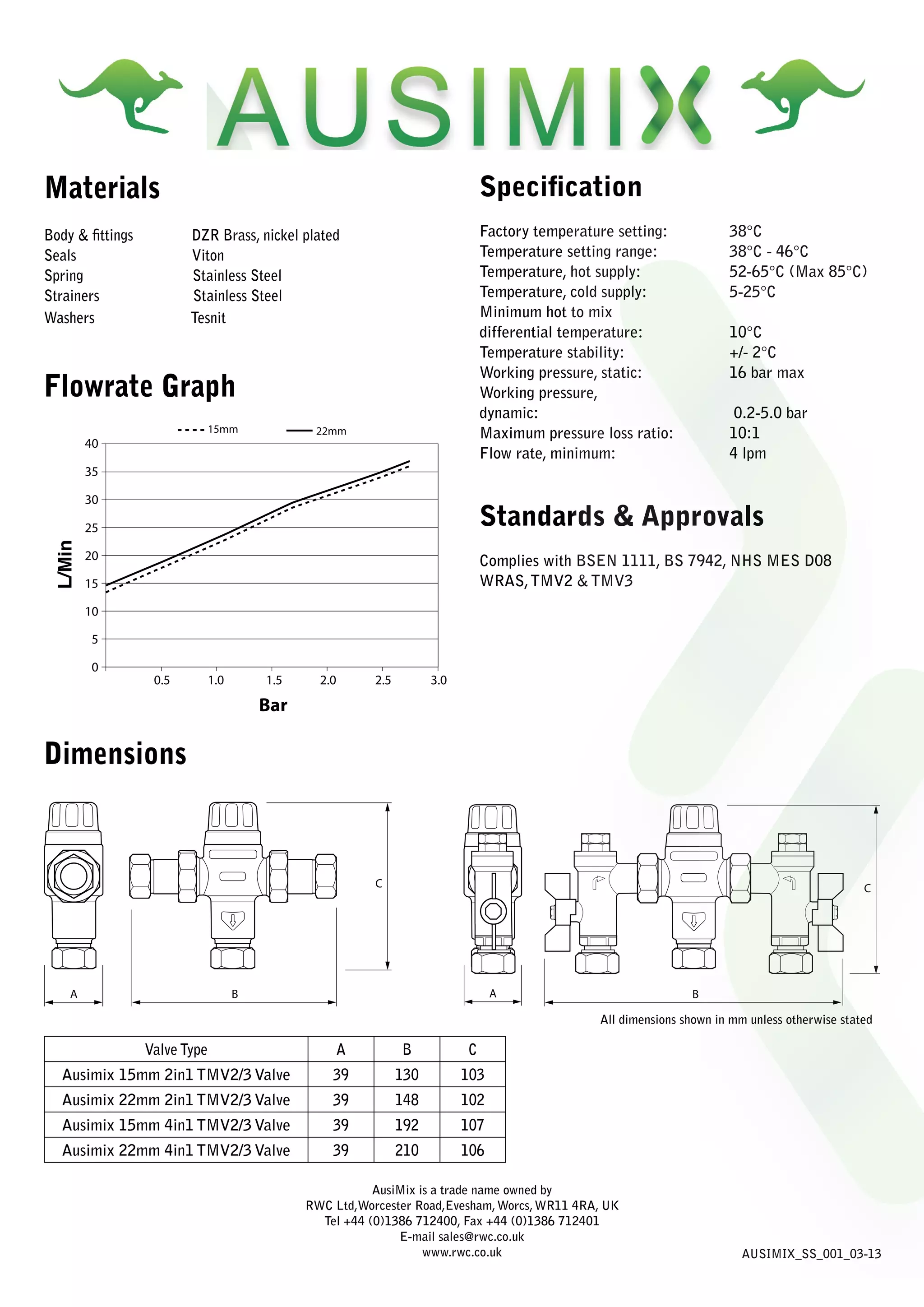 Ausimix Thermostatic Mixing Valve TMV2 & TMV3 - Spec Sheet | PDF