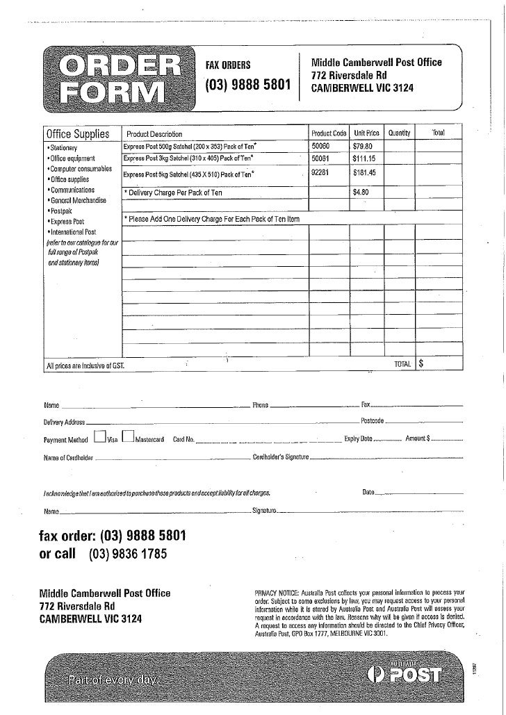 Auspost Order Form Auspost Order Form