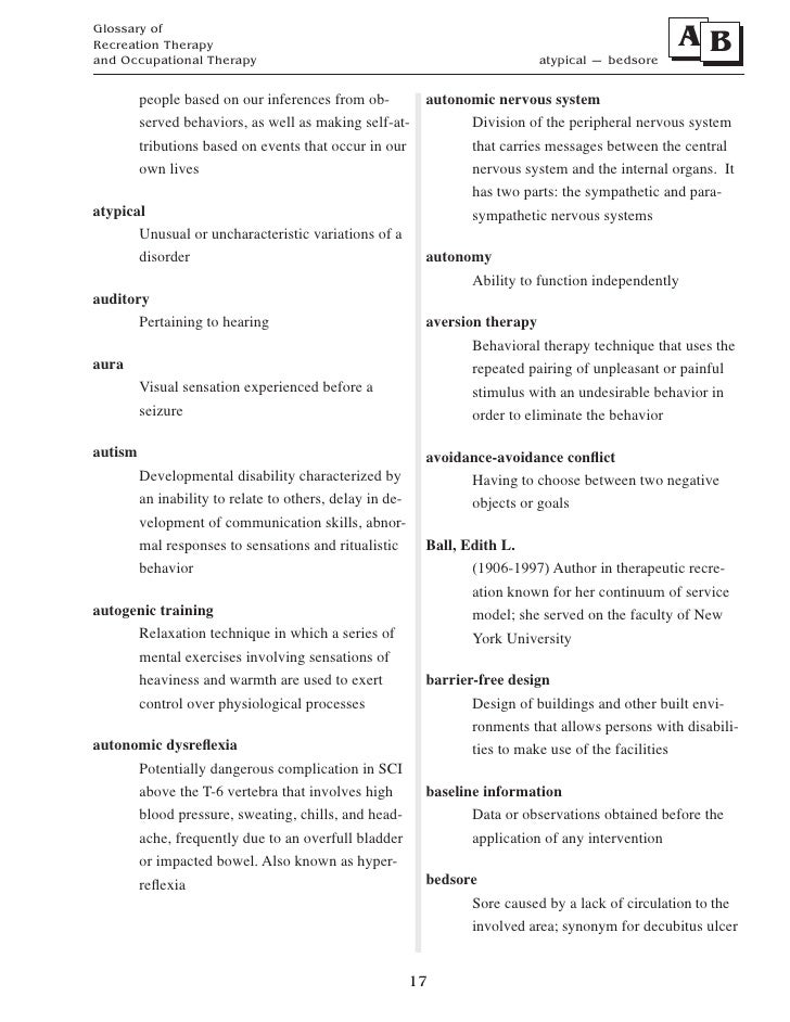 Glossary of Recreation Therapy and Occupational Therapy