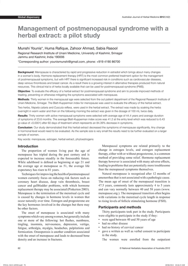 Management of postmenopausal syndrome with a herbal extract: a pilot study | PDF | Menopause ...