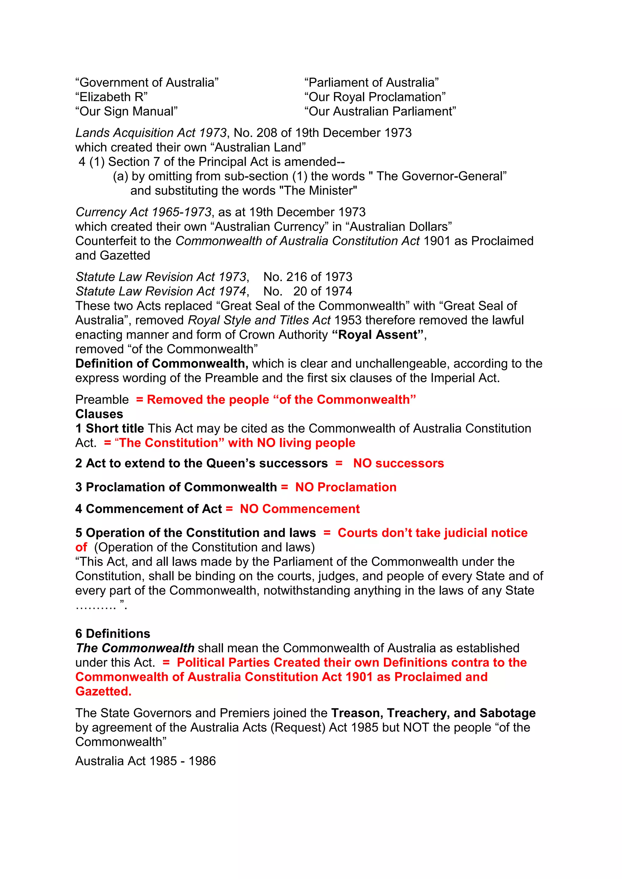 Australia acts 1985 1986 treason from 1973 - rewrite | PDF