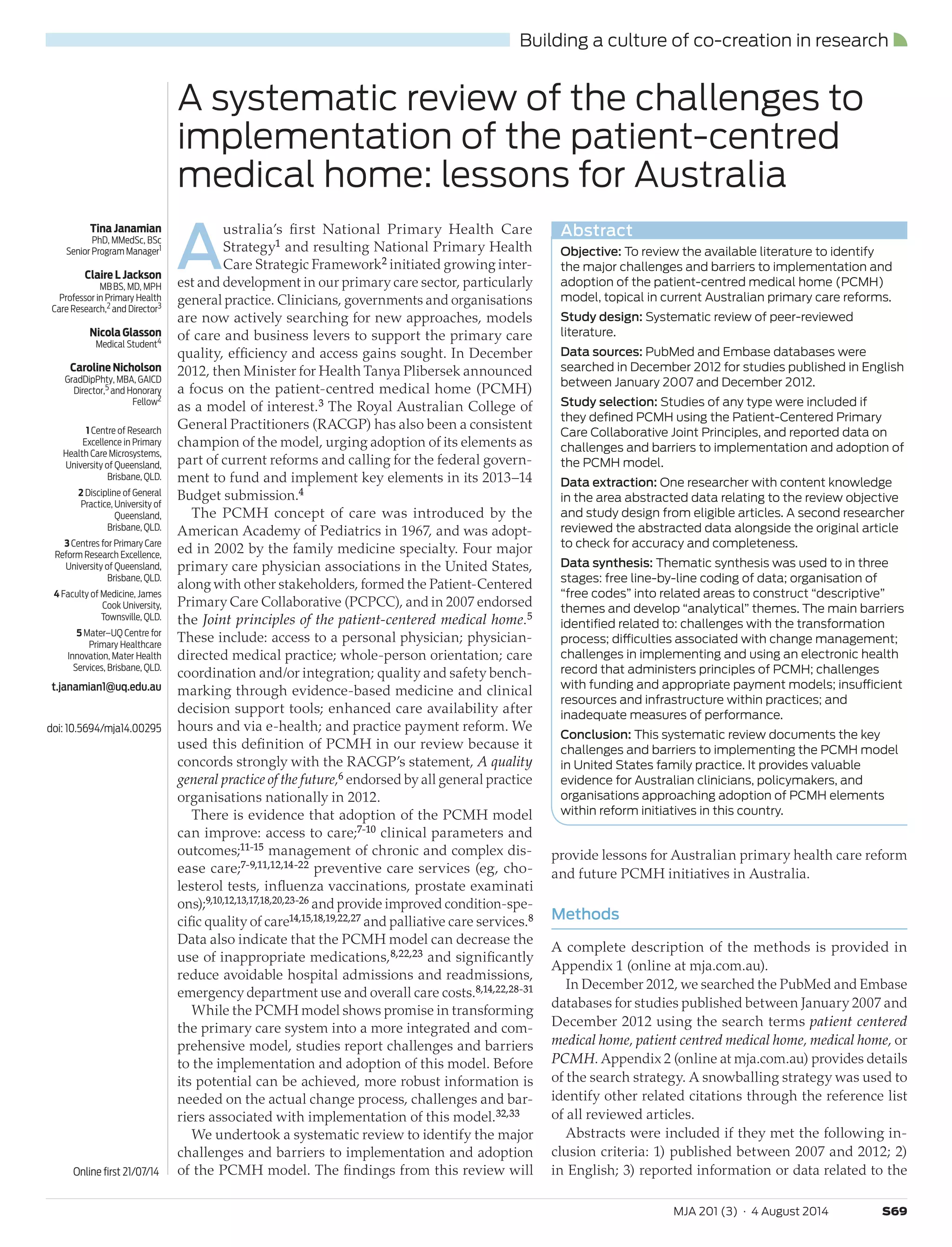 A systematic review of the challenges to implementation of the patient ...