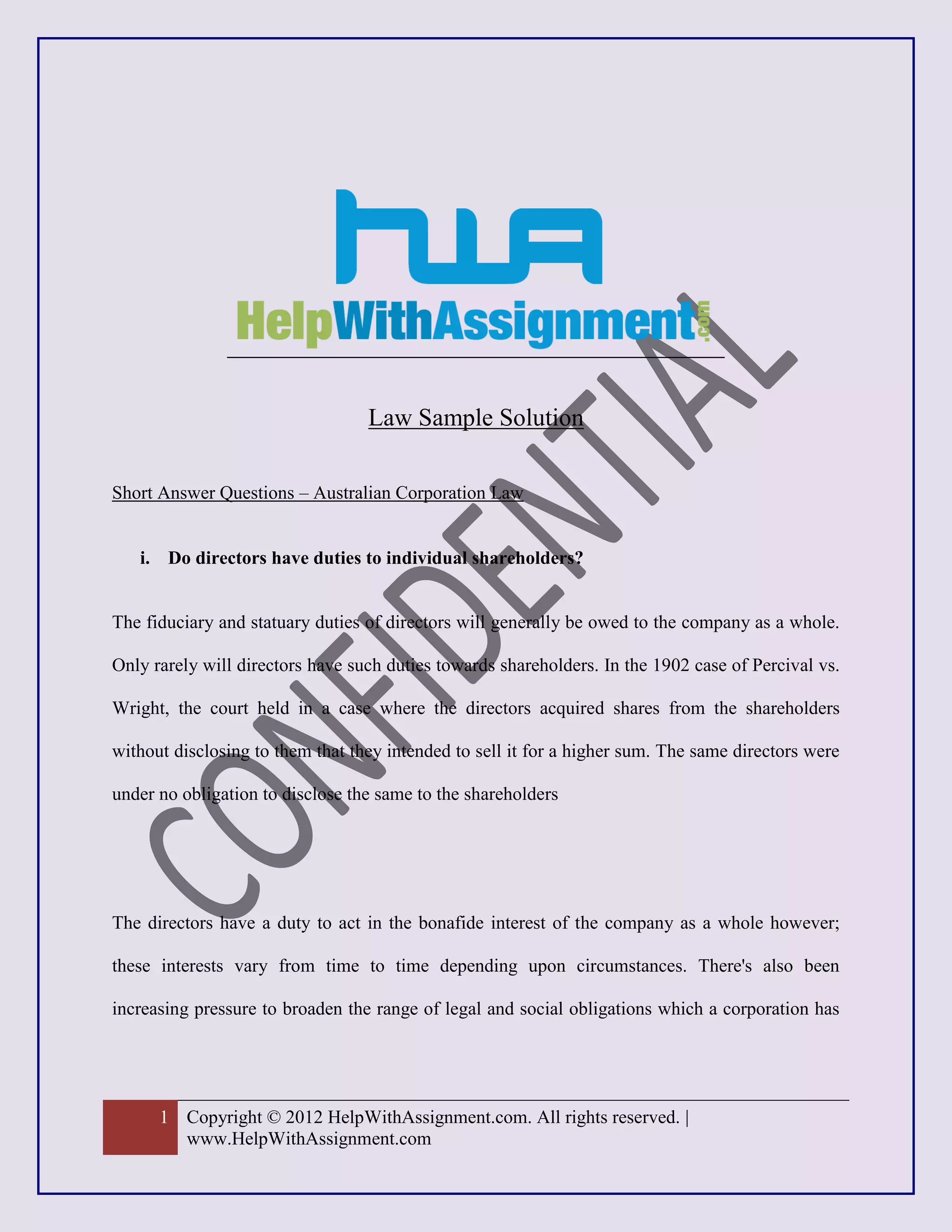 Australian Corporation Law-Sample Solution | PDF