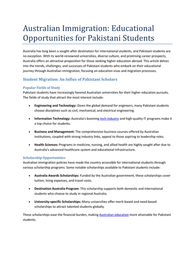 Australian Immigration Educational Opportunities for Pakistani Students ...