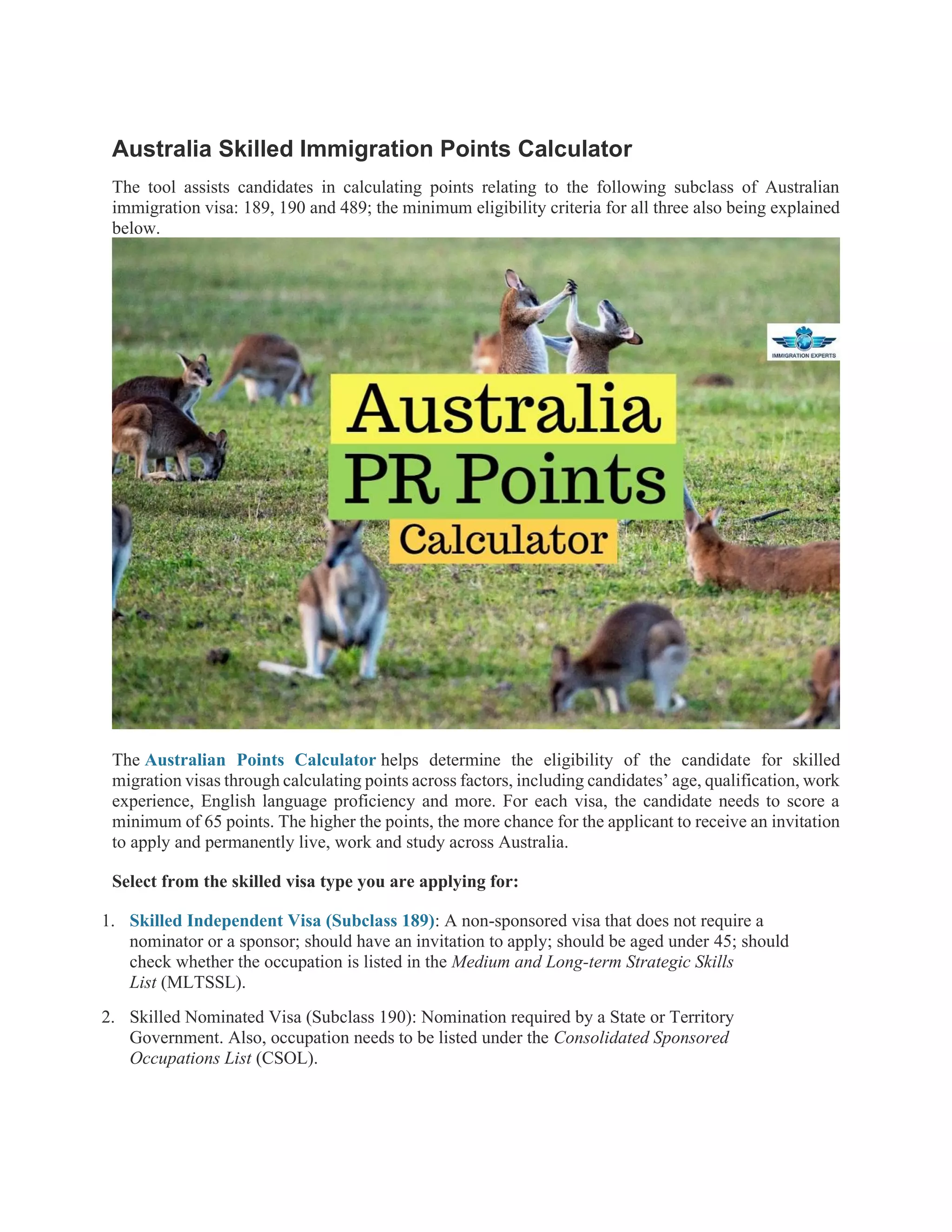 Australia skilled immigration points calculator | PDF