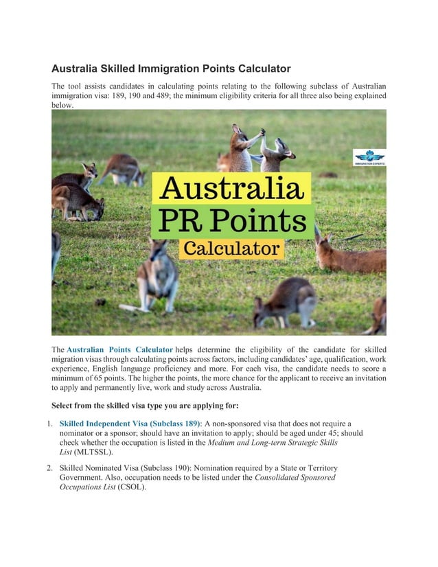 Australia skilled immigration points calculator | PDF