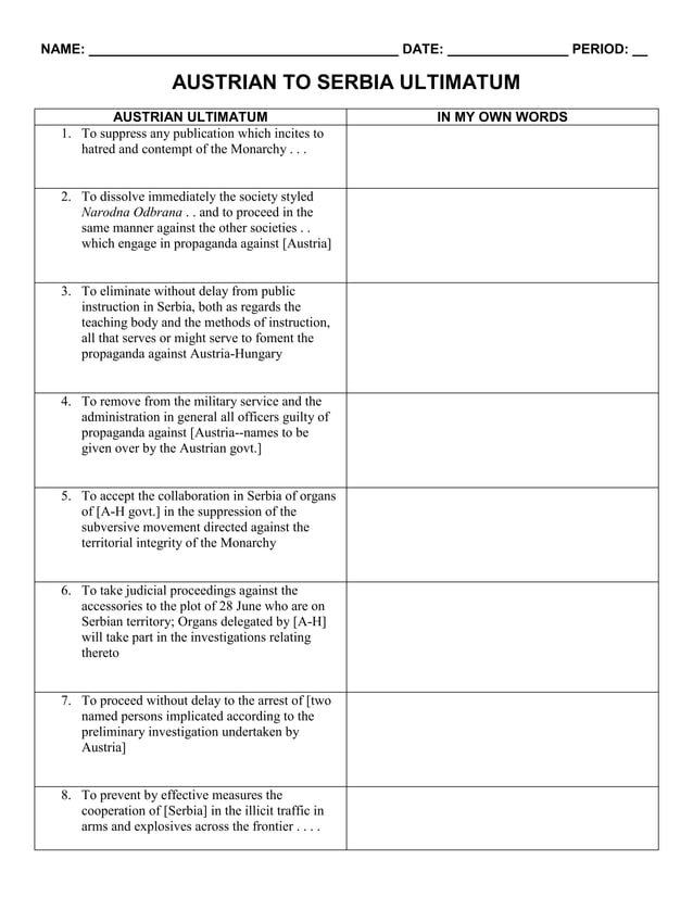 Austrias Ultimatum To Serbia Worksheet | PDF