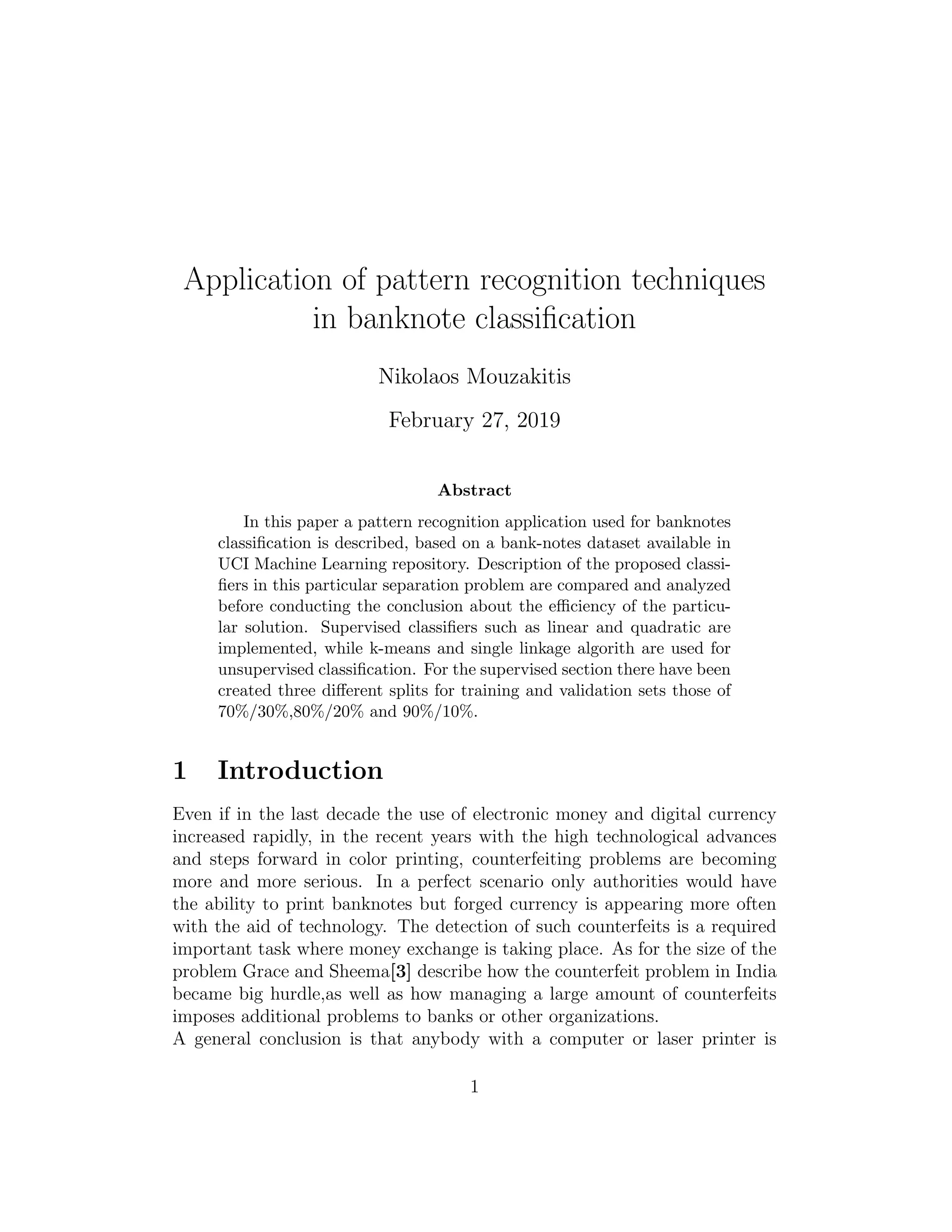 Application Of Pattern Recognition Techniques In Banknote