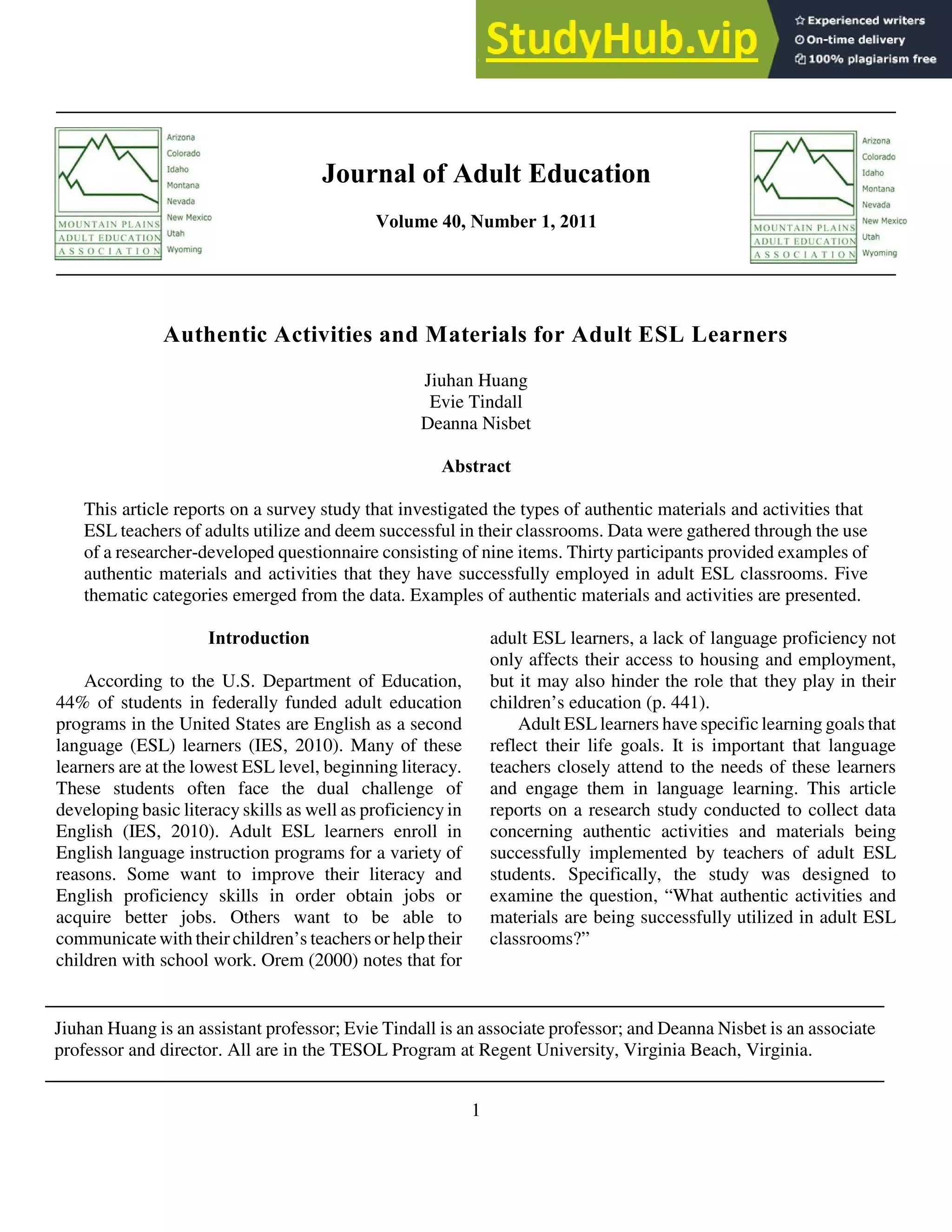Authentic Activities And Materials For Adult ESL Learners | PDF