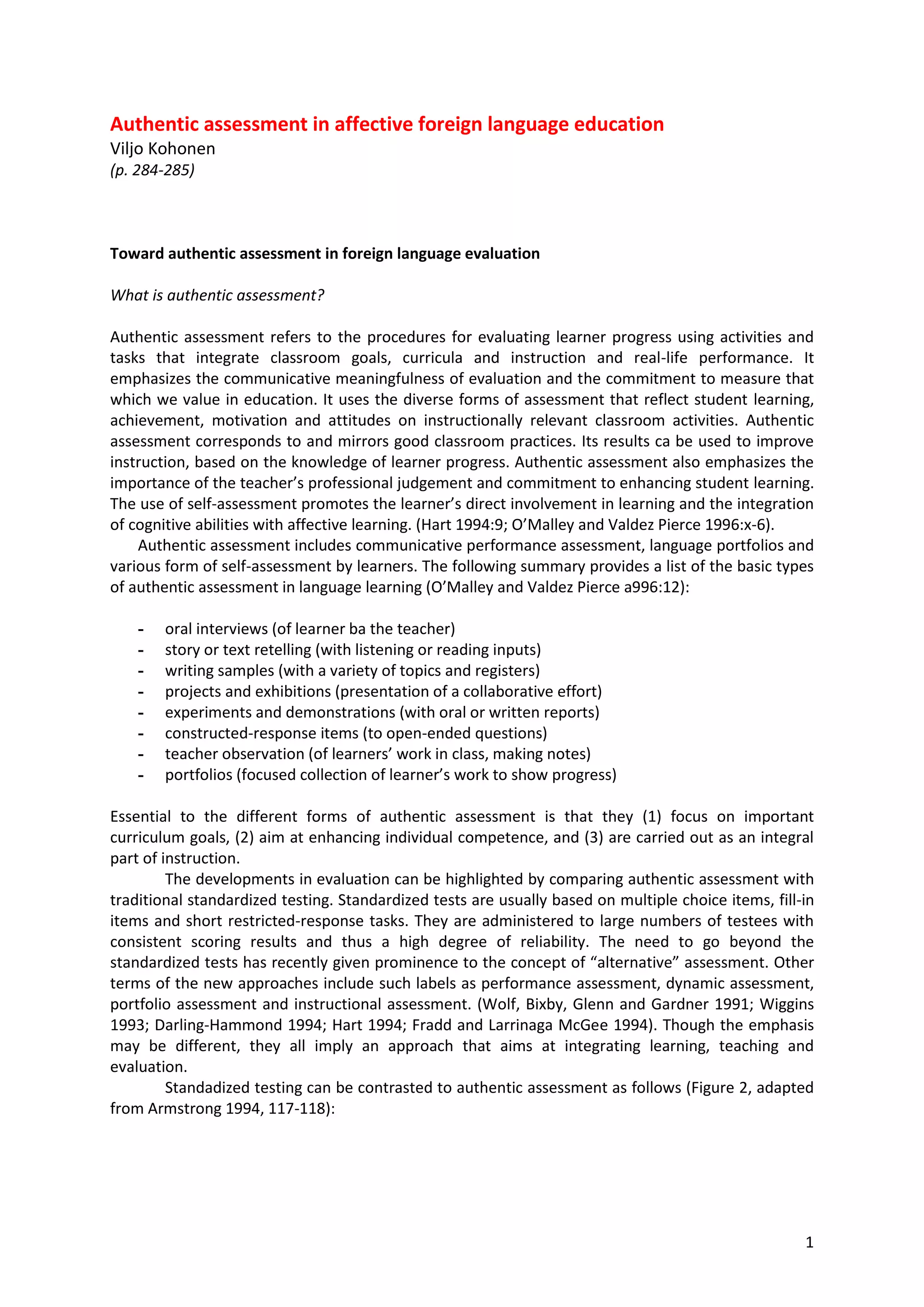 Authentic assessment kohonen | DOCX