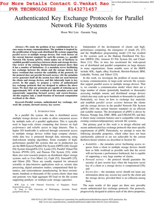 Authenticated key exchange protocols for parallel network file systems | PDF | Computer ...