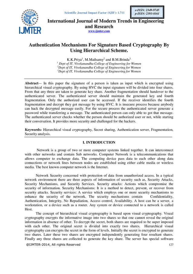 Authentication Mechanisms For Signature Based Cryptography By Using Hierarchical Scheme. | PDF