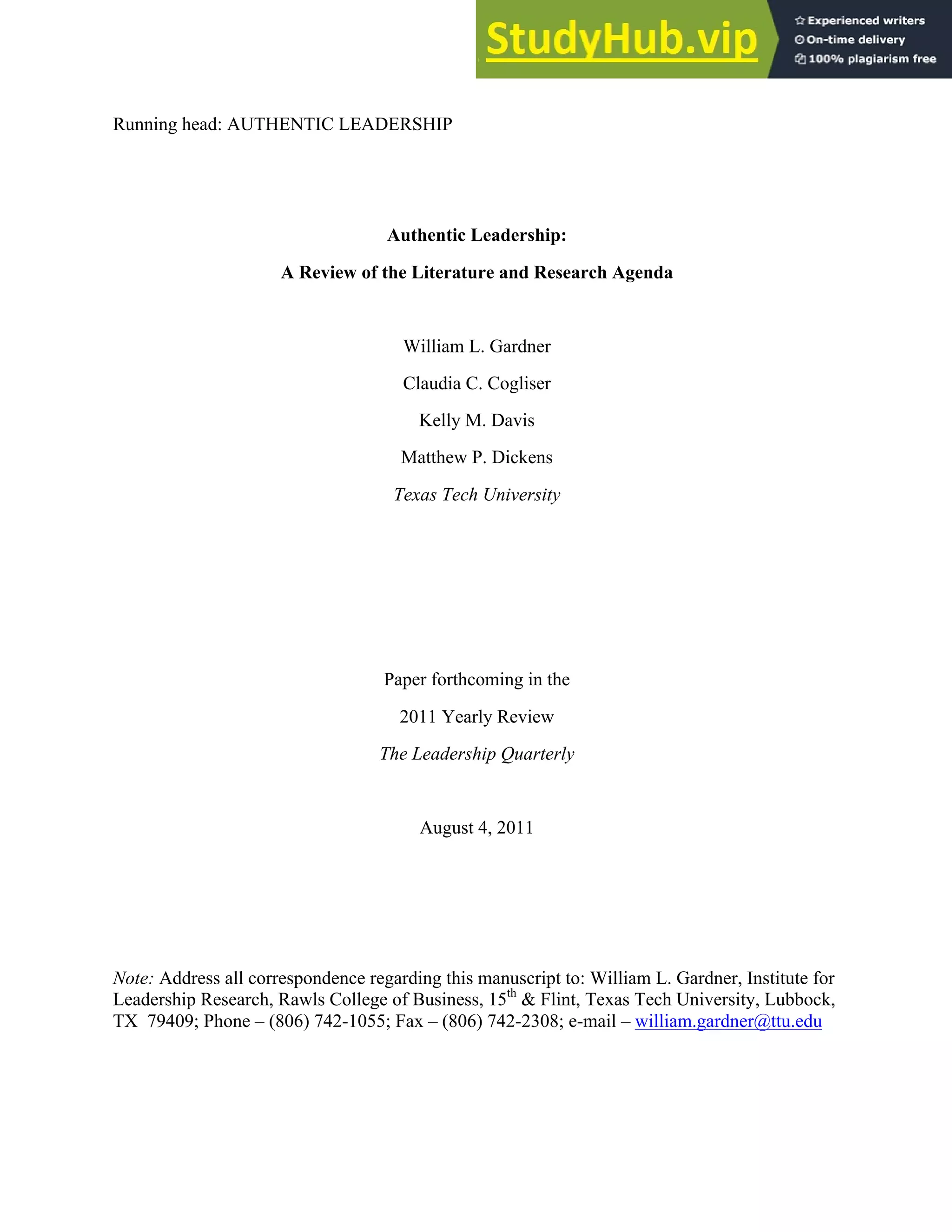Authentic Leadership A Review Of The Literature And Research Agenda | PDF