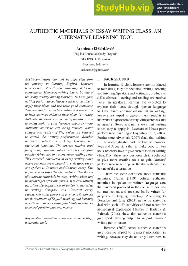 AUTHENTIC MATERIALS IN ESSAY WRITING CLASS AN ALTERNATIVE LEARNING TOOL ...