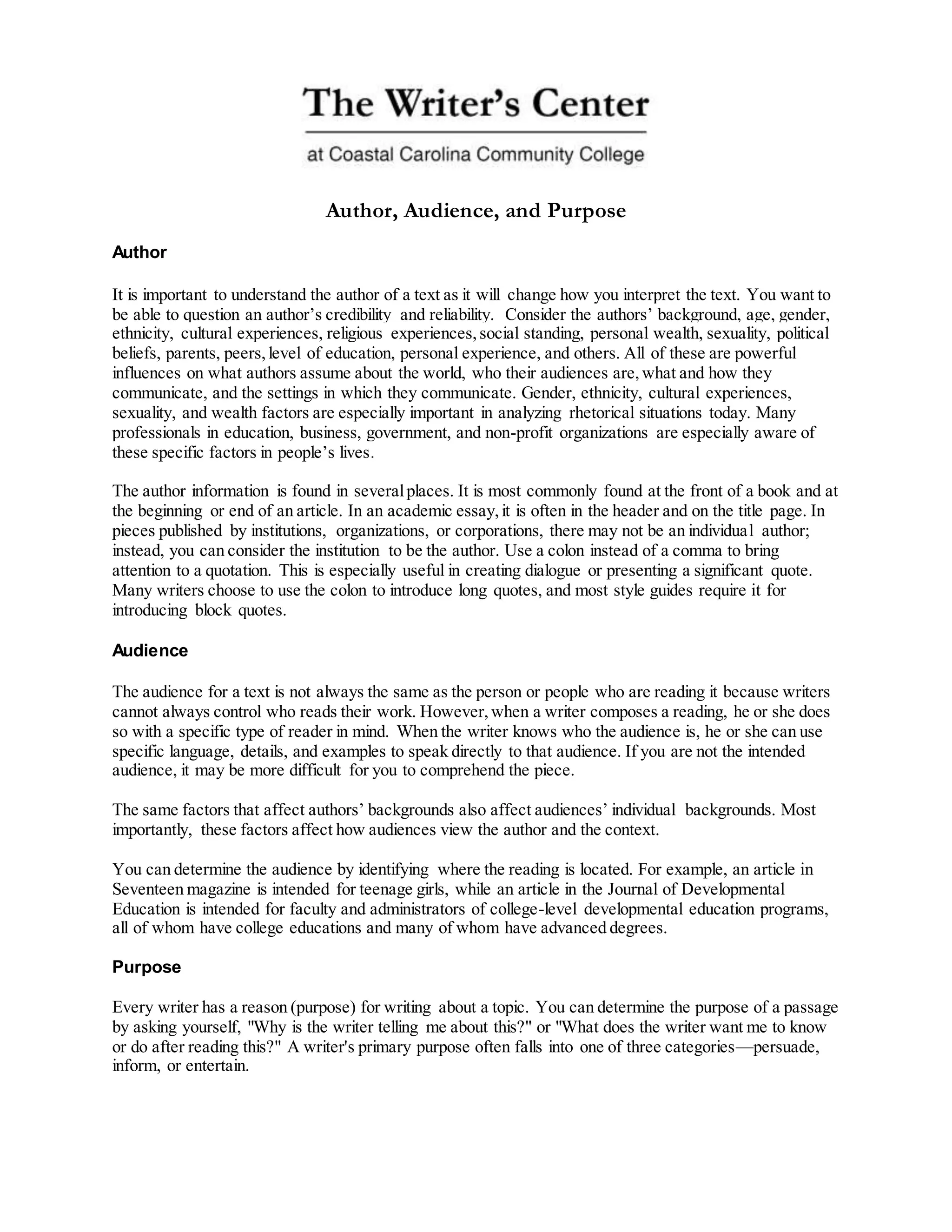 Author, Audience, Purpose ENG 111 Lowe | DOCX