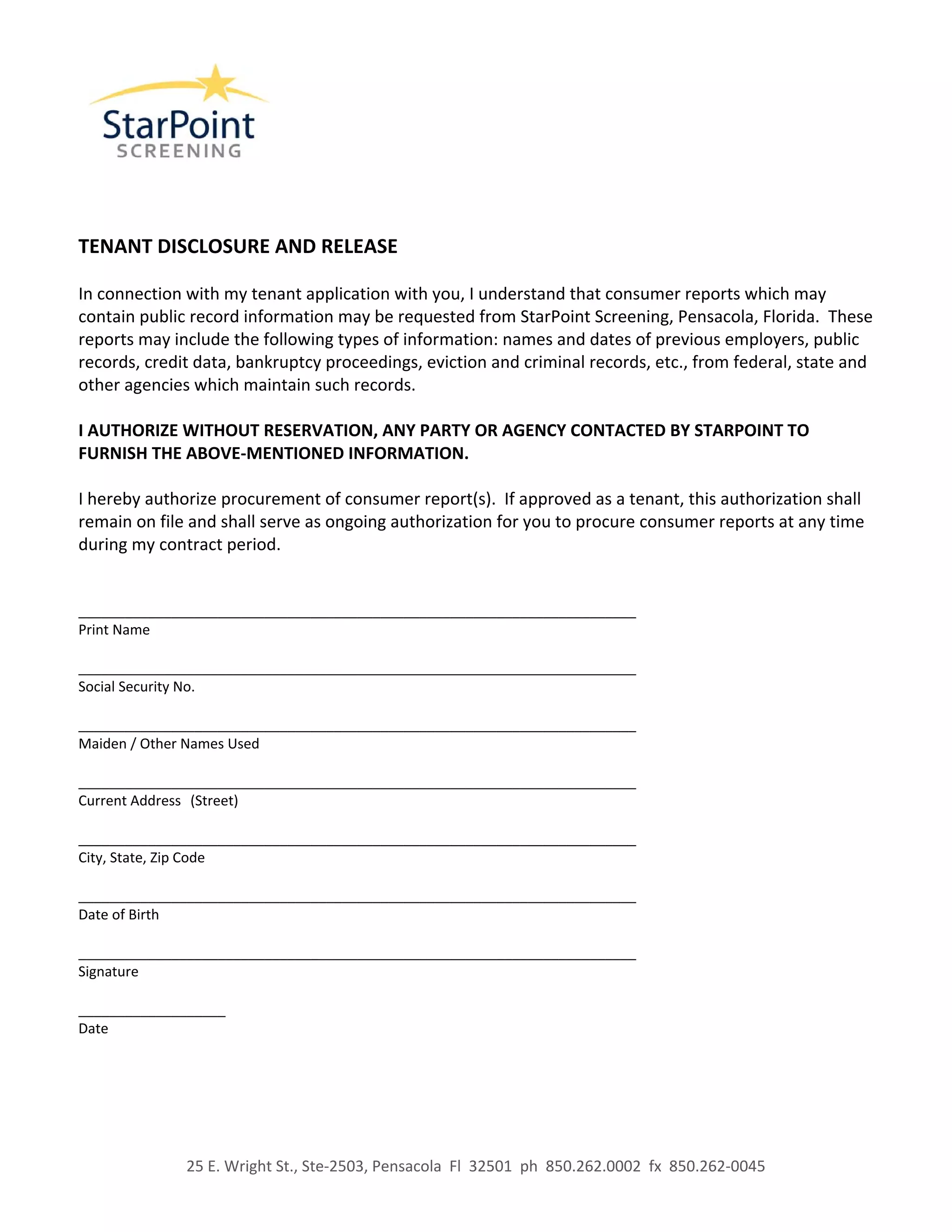Authorization form, disclosure and release tenant | PDF