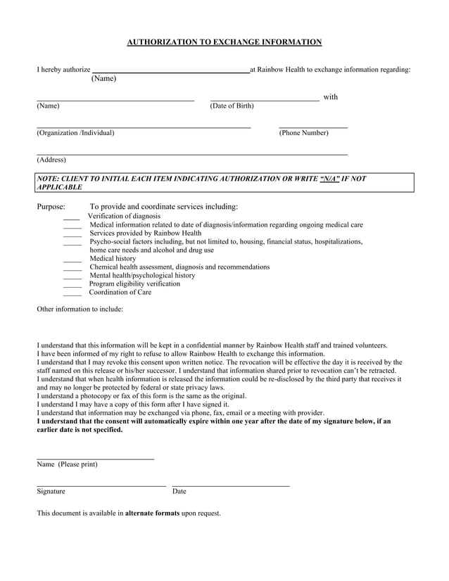 Rainbow Health Release of Information for former Clients | PDF