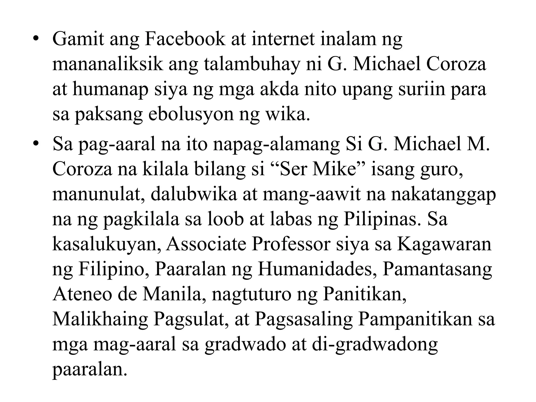 “Ebolusyon ng Wika:Sa likod ng mga Akda ni G. Michael Corazon” | PPTX