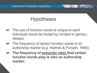 Authorship analysis using function words forensic linguistics | PPT