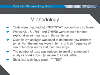 Authorship analysis using function words forensic linguistics | PPT
